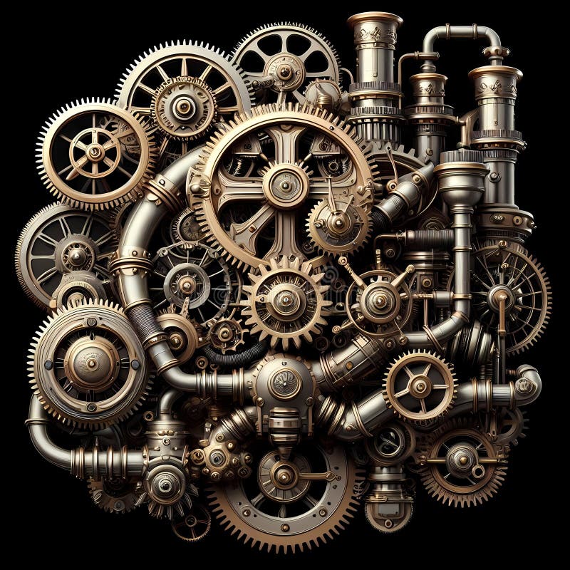 Steampunk Mechanical Gears Metallic Interlocking Dark Background ...