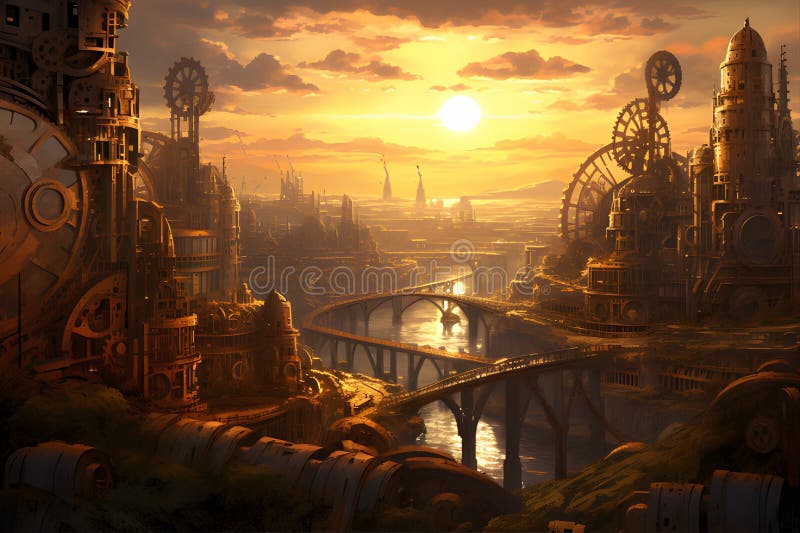 Steampunk Metropolis at Sunset. a Sprawling Steampunk City with Gears ...