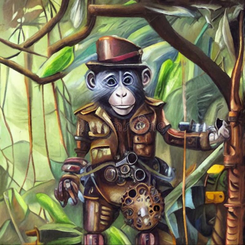 Steampunk Monkey in the Jungle AI Stock Illustration - Illustration of ...