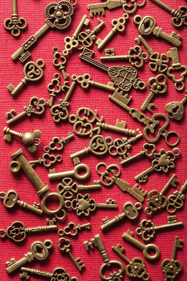 Steampunk Old Vintage Metal Keys Background on Leather Stock Image ...