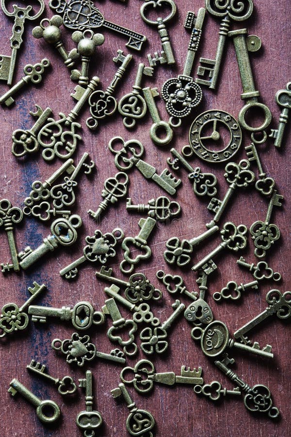 Steampunk Old Vintage Metal Keys Background on Leather Stock Image ...