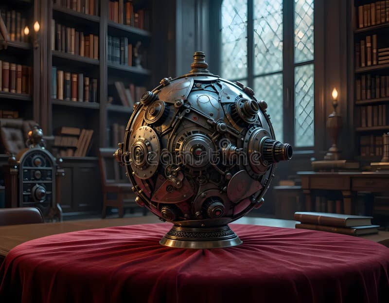 Steampunk Orb in an Antique Library: a Mysterious Mechanical Marvel ...