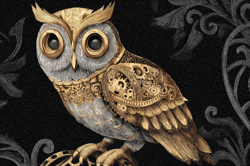 Steampunk Owl with Brass Goggles and Gears, Perched on a Wrought Iron ...