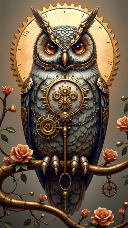 Steampunk Owl with Gears and Roses on Clock-themed Branch Stock Photo - Image of enchanting ...