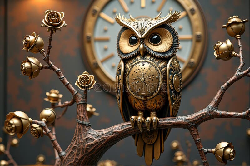 Steampunk Owl Sculpture with Golden Rose Accents on Branch with Clock in Background Stock Photo ...