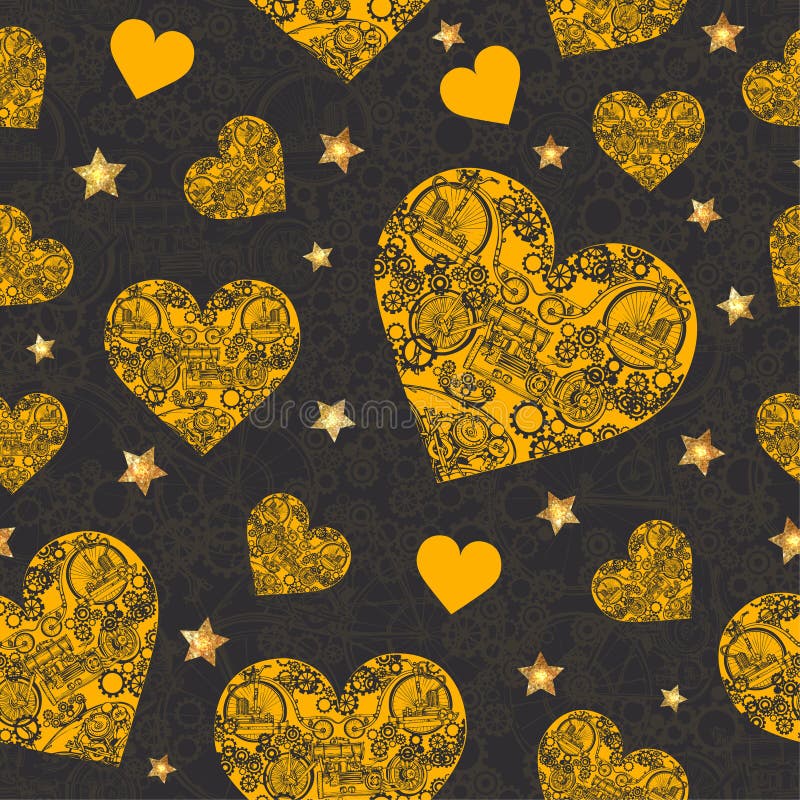 Steampunk Pattern with Gold Star, Old Bikes and Gears. Victorian Era ...