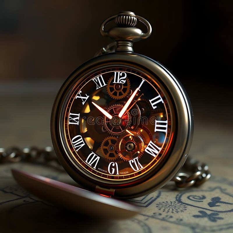A Steampunk Pocket Watch with Floating Gears and Glowing Hands Stock ...
