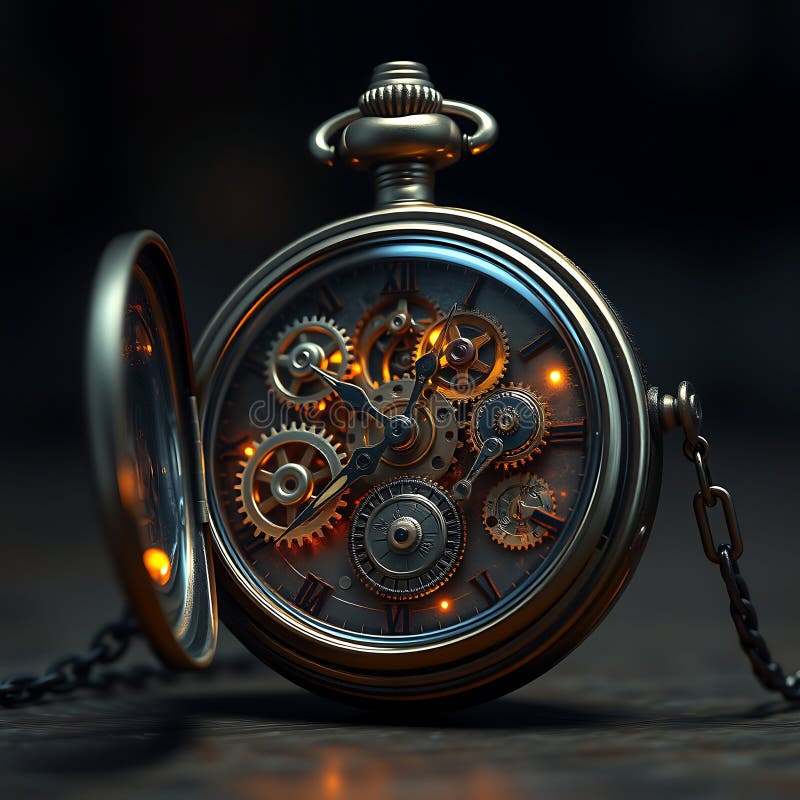 A Steampunk Pocket Watch with Floating Gears and Glowing Hands Stock ...