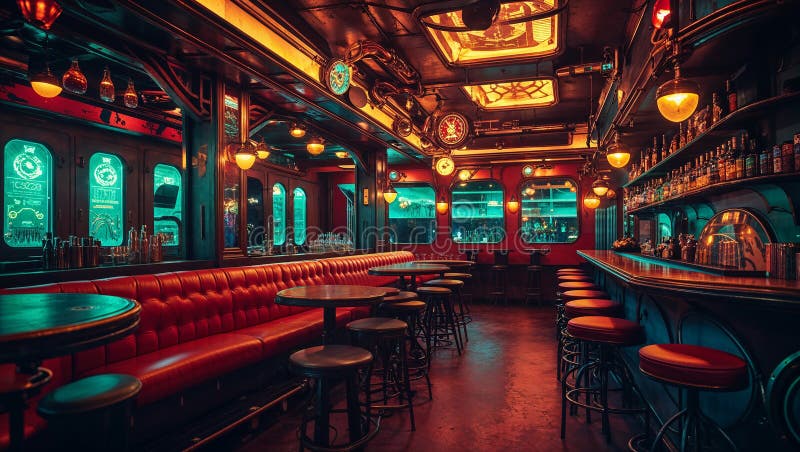 Steampunk Pub Interior Showing Red Leather Seats and Counter with ...