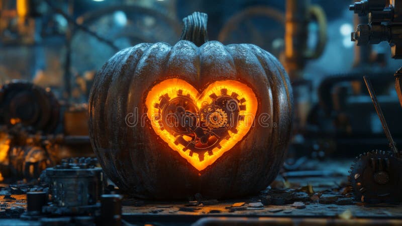 A Steampunk Pumpkin Carved with a Glowing Cog Heart Stock Illustration ...