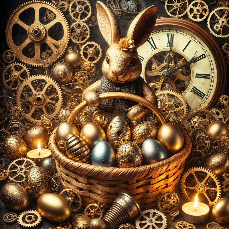 Steampunk Rabbit with a Basket of Golden Mechanical Eggs Surrounded by Gears Stock Illustration ...