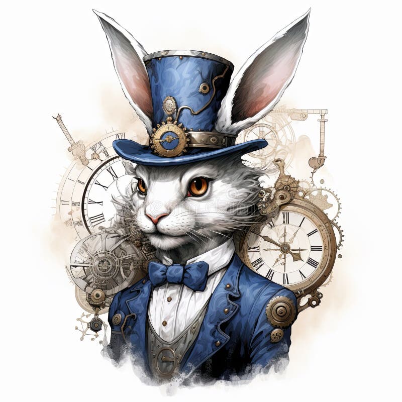 Steampunk Rabbit Portrait with Blue Top Hat and Gears, Featuring Clock ...