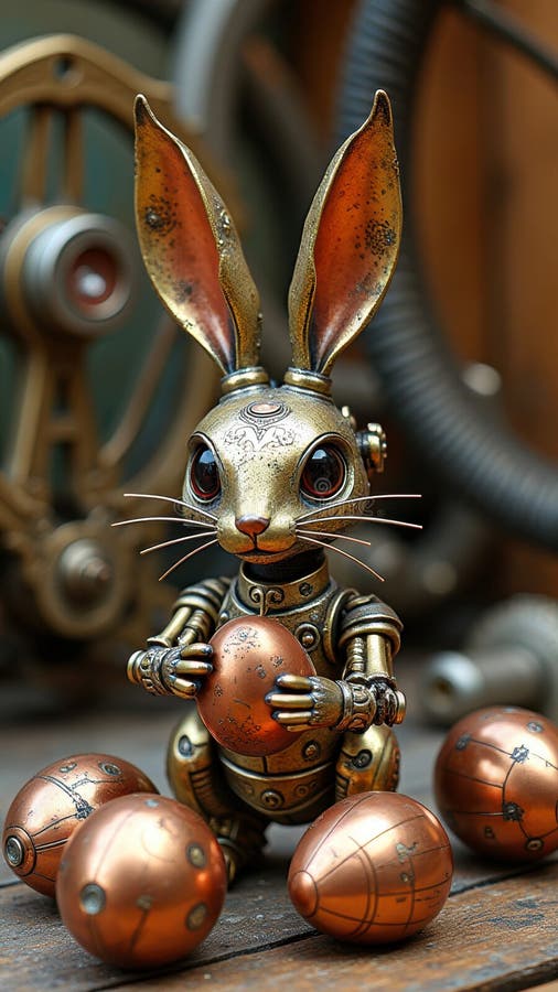 Steampunk Rabbit Robot Holding Copper Egg Surrounded by Mechanical ...