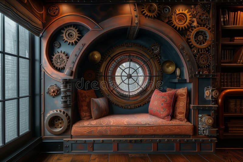 Steampunk Reading Book Nook with Metal Gears, AI-generated. Stock Image ...