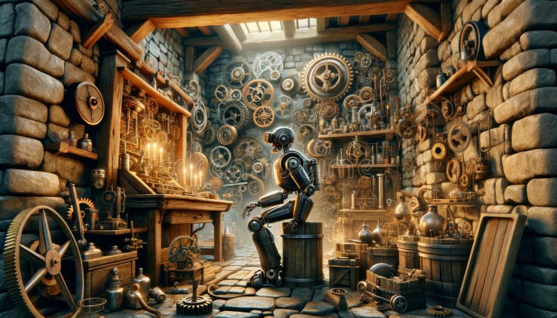Steampunk Robot in an Ancient Workshop Stock Illustration ...