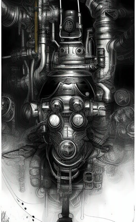 Steampunk Robot, Black and White Drawing, Generative Ai Illustration ...