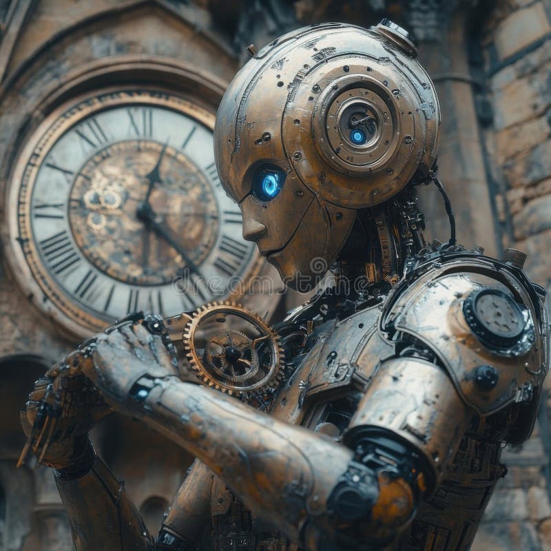 Steampunk Robot with Clock Gears and Vintage Clock in Background Stock ...