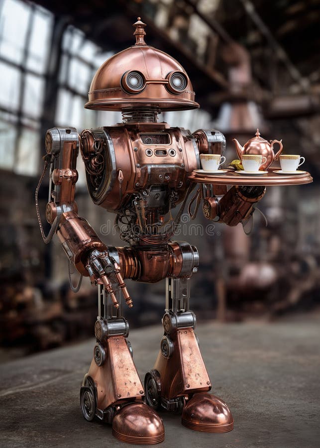 Steampunk Robot Holds a Tray with Tea. it Stands in an Old Workshop ...