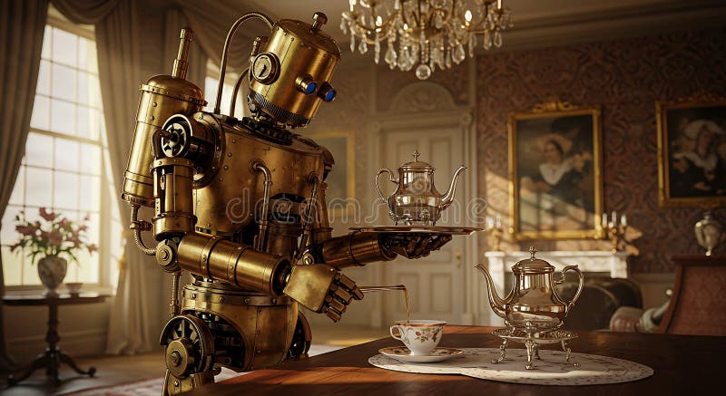 Steampunk Robot Serving Tea in an Elegant Victorian Room. the Robot ...
