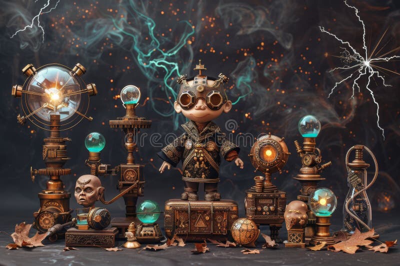 Steampunk Scientist in Halloween Lab with Antique Equipment and Tesla ...