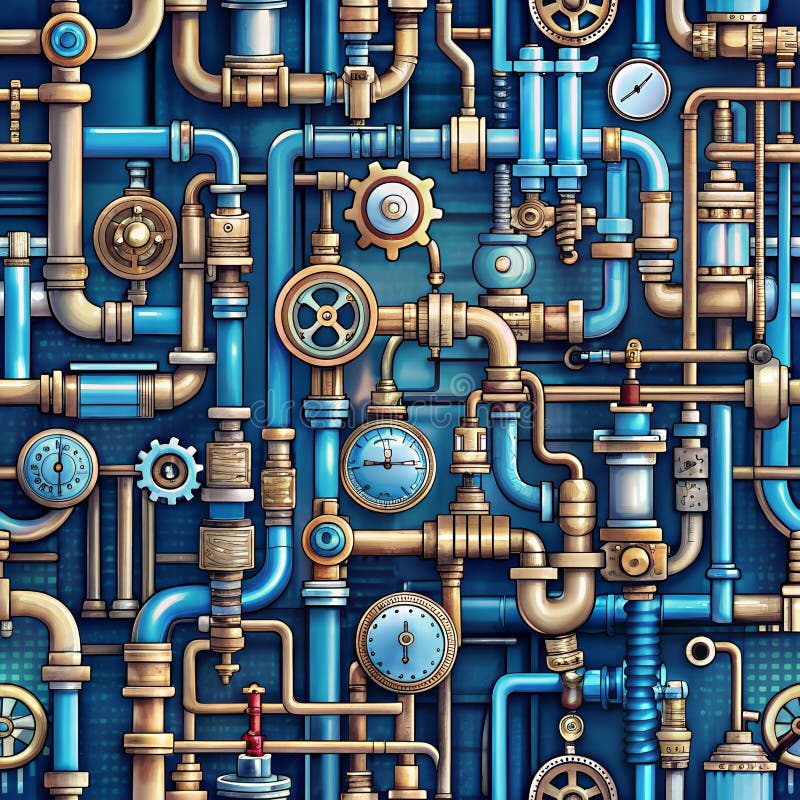 Steampunk Seamless Blue Pattern with Pipes and Gears, AI Generated ...