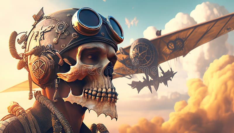 Steampunk Skull Pilot, Digital Art Illustration, Generative AI Stock ...