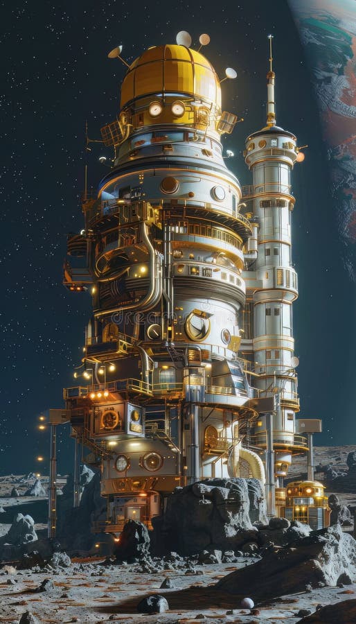 A Steampunk Space Elevator on the Moon Stock Image - Image of high, science: 314717605