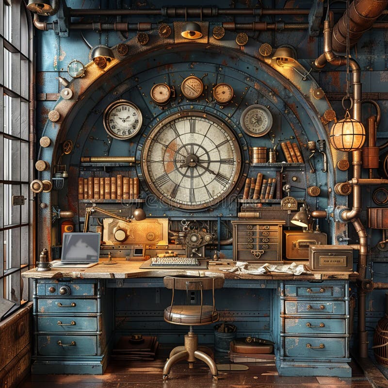 Steampunk Study with Vintage Gadgets and Brass Details3D Render Stock ...
