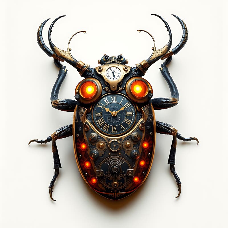 A Steampunk Style Clockwork Beetle with Glowing Eyes Stock Illustration - Illustration of ornate ...