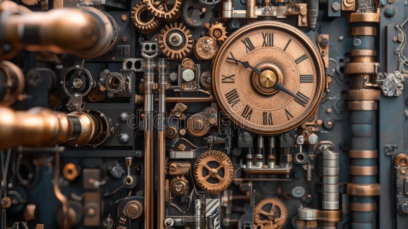 Mechanical Clock Surrounded by Intricate Gears and Pipes Stock Photo ...
