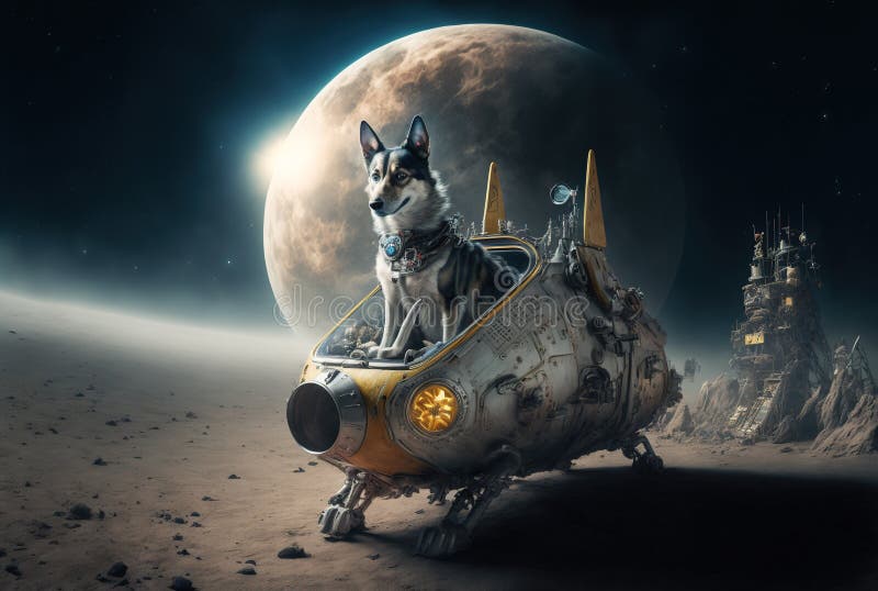 A Steampunk Style Dog Sitting in a Space Ship Landed on an Outer Planet ...