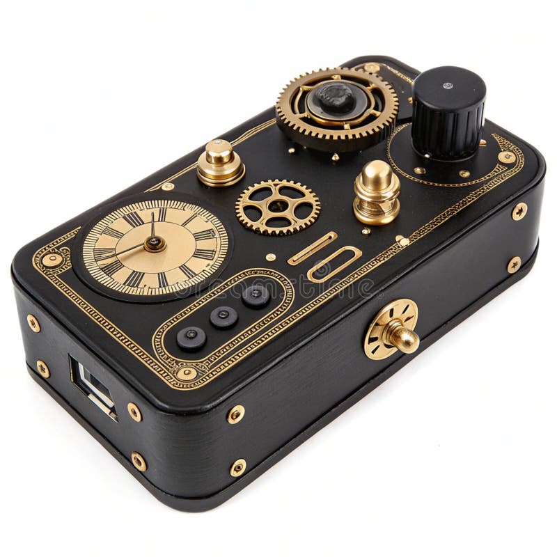 Steampunk Gadget with Black and Gold Control Panel Isolated on White ...