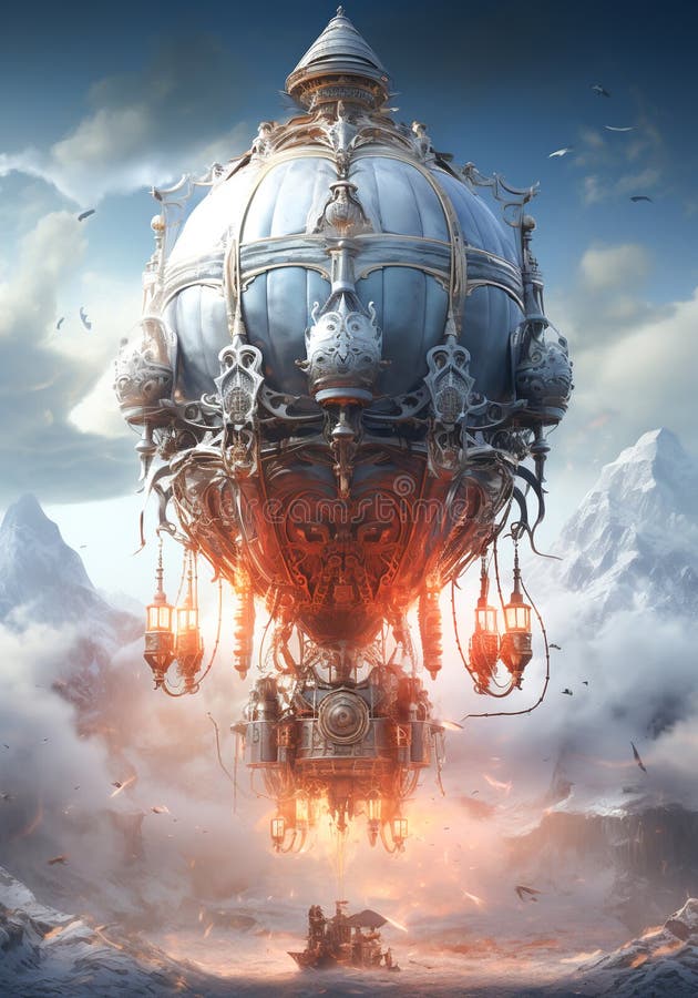 Steampunk Style Hot Air Balloon. Unreal Landscape Stock Illustration ...
