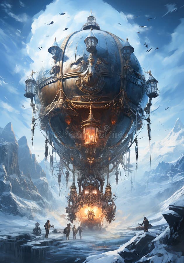 Steampunk Style Hot Air Balloon. Unreal Landscape Stock Illustration ...