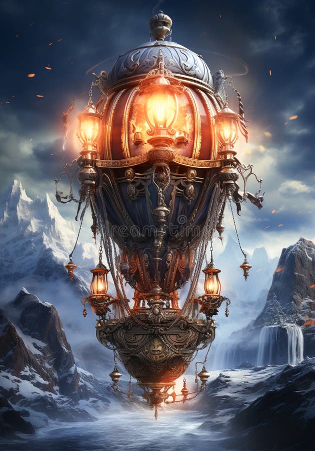 Steampunk Style Hot Air Balloon. Unreal Landscape Stock Illustration ...