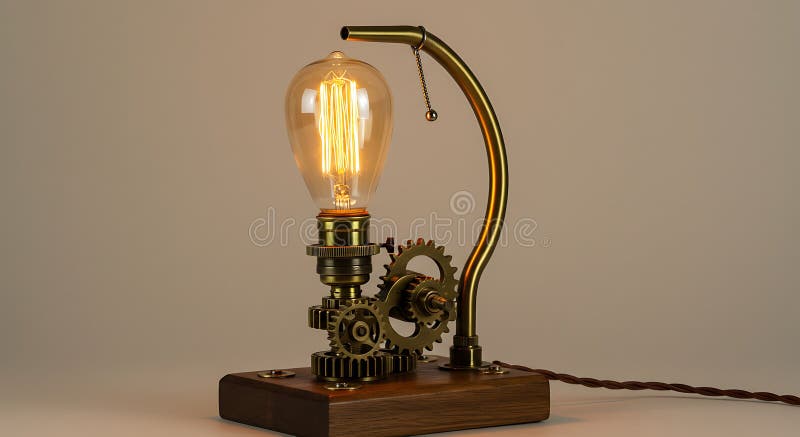 Steampunk Style Lamp with Gears and Edison Bulb on Wood Base Stock ...