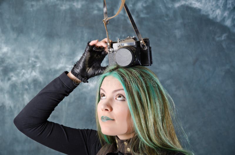 Steampunk-styled Girl Experiments with Old Camera Stock Image - Image ...