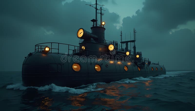 Steampunk Submarine Sailing on Water at Night Stock Illustration ...