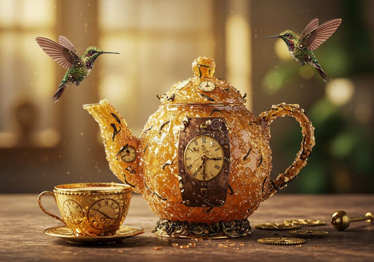 Steampunk Teapot with Clockwork Design and Hummingbirds in Cozy Setting ...
