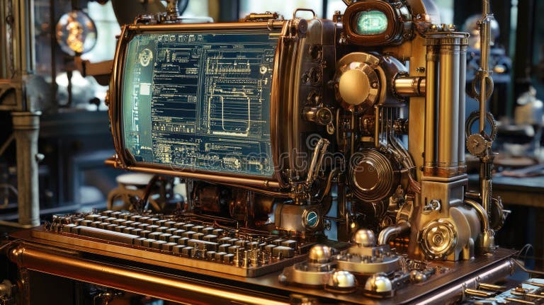 Steampunk Tech Concept. Antique Style Computer with Illuminated Screen ...