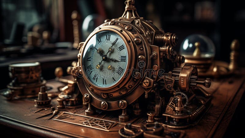 Steampunk Technology Clock and Equipment Background Stock Photo - Image ...