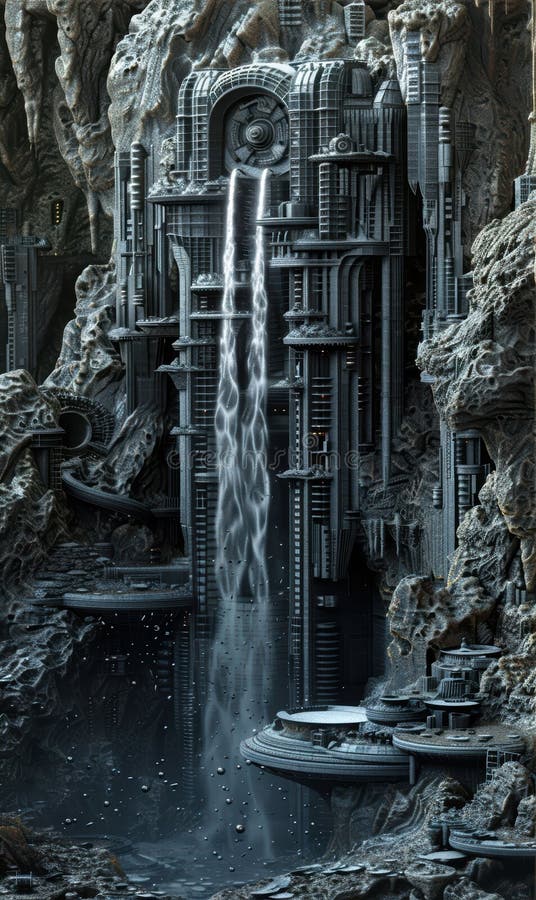 Steampunk-themed Cave with Waterfall Flowing through it, Creating a ...
