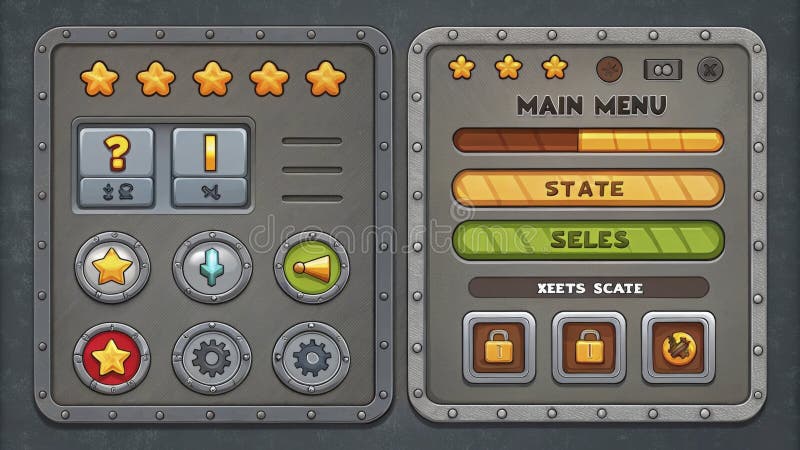 Steampunk Themed Metal Game Ui Featuring Main Menu, Progress Bars ...