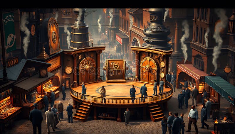Steampunk Town Square Gathering: Ornate Clockwork Structures and ...