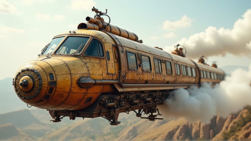 Steampunk Train Flying Over Mountain Landscape Stock Illustration ...