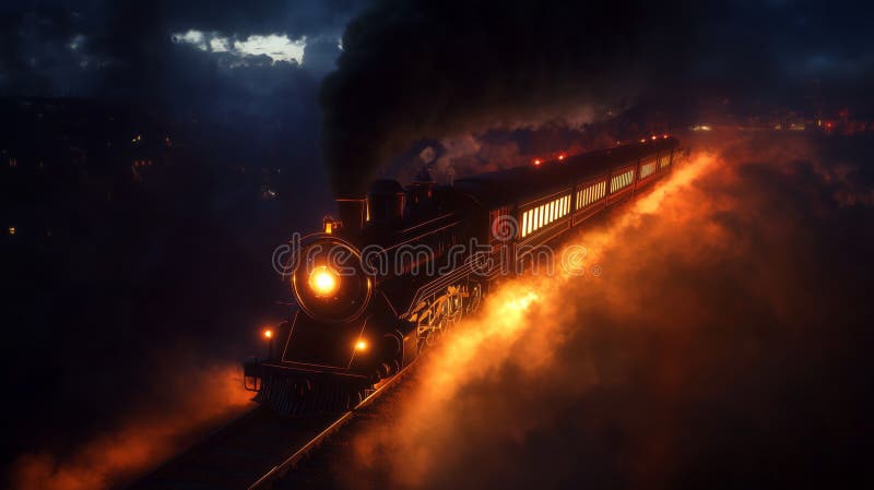 Steampunk Train in Glowing Mist with Dramatic Lighting Stock Image ...