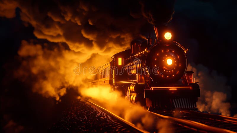 Steampunk Train in Glowing Mist with Dramatic Lighting Stock Photo ...