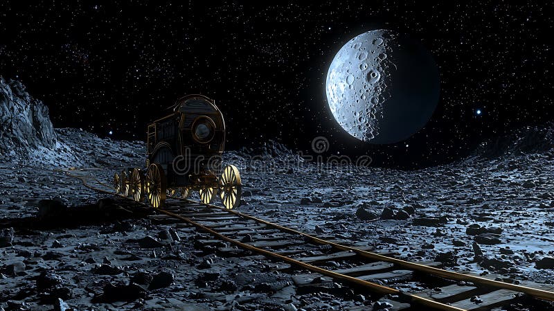 Steampunk Train on the Moon Under a Full Moon Stock Illustration ...