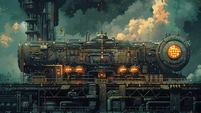 Steampunk Train Pixel Art on Platform with Pipes and Complex Mechanics ...