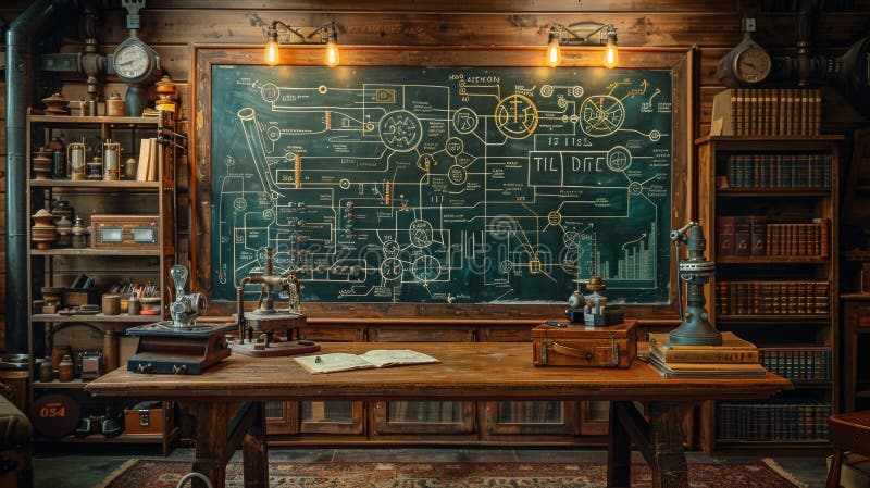 Steampunk Workshop with Detailed Chalkboard - Generative Ai Stock ...